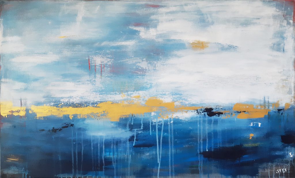 'Noch ein Tag am Meer #2' – Bild abstrakt in Blau und Gold