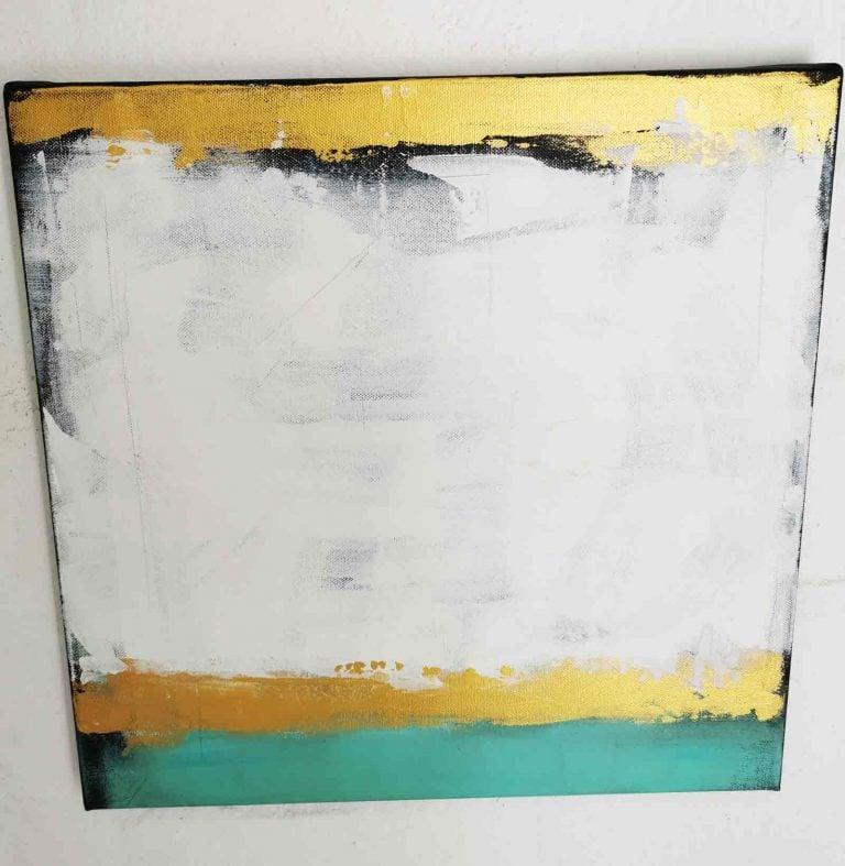 Abstraktes kleines Bild mit Gold und Türkis, Kunst