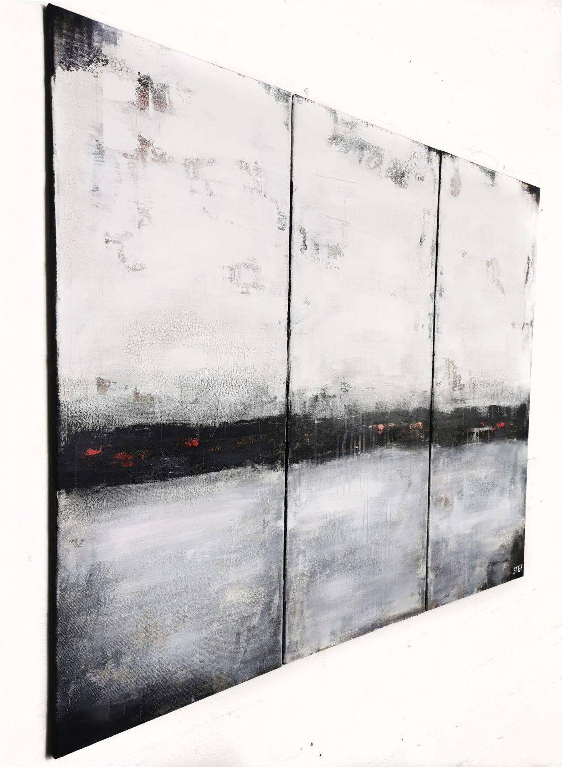 „Wege und Spuren #22 - Acrylbild Triptychon Weiß Grau