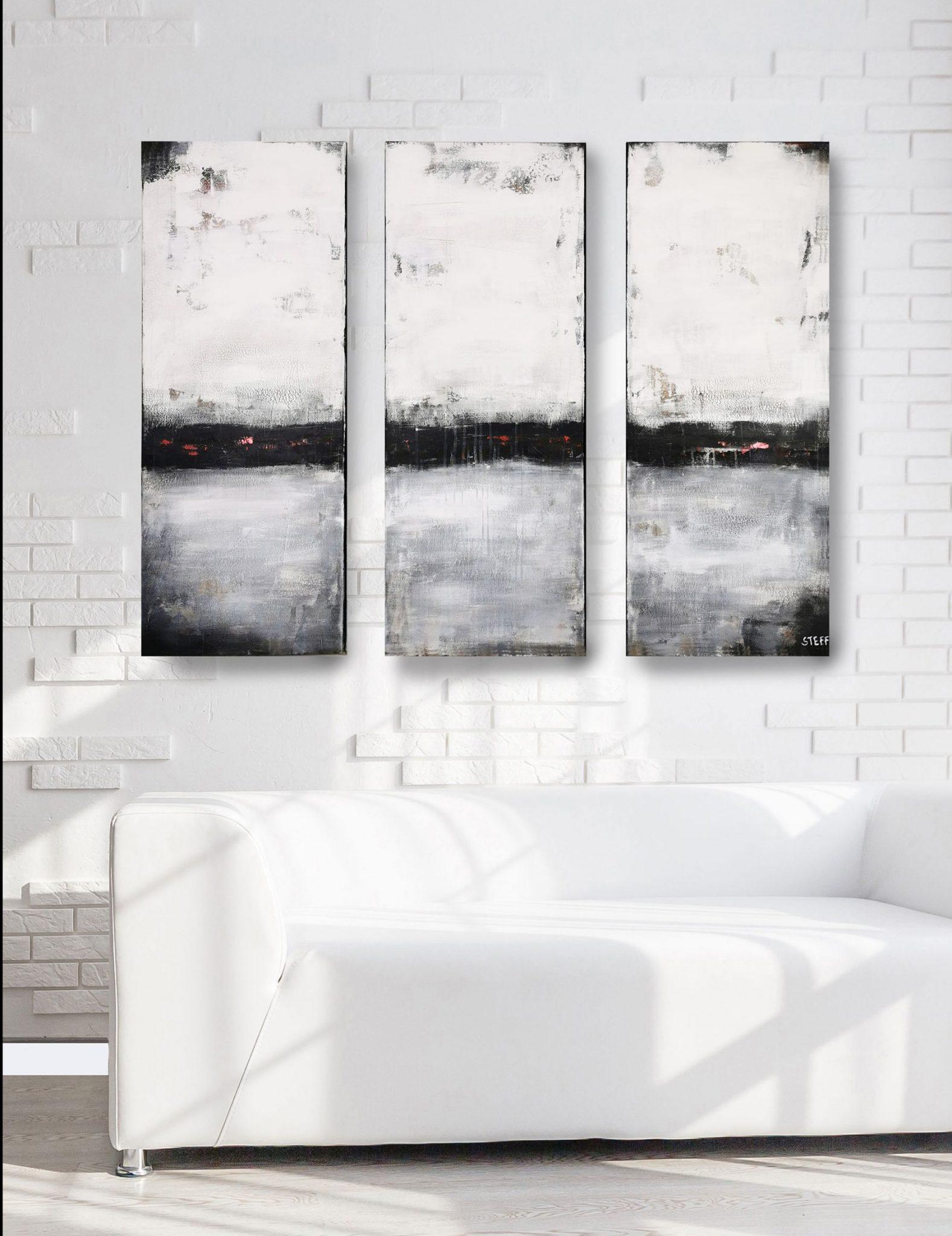 „Wege und Spuren #22 - Acrylbild Triptychon Weiß Grau