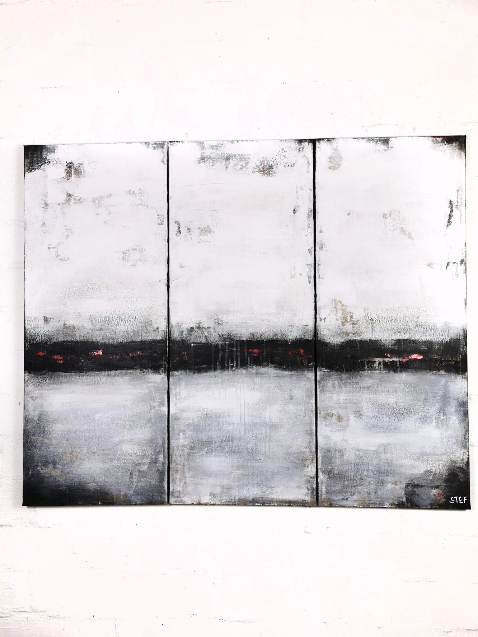 „Wege und Spuren #22 - Acrylbild Triptychon Weiß Grau