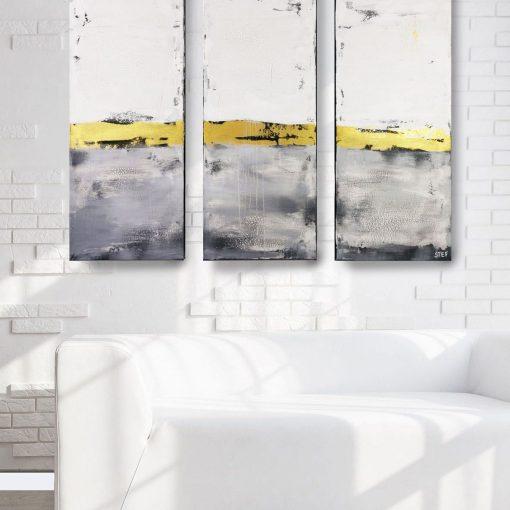 „Wege und Spuren #23 - Triptychon Strukturbild Gold Weiß