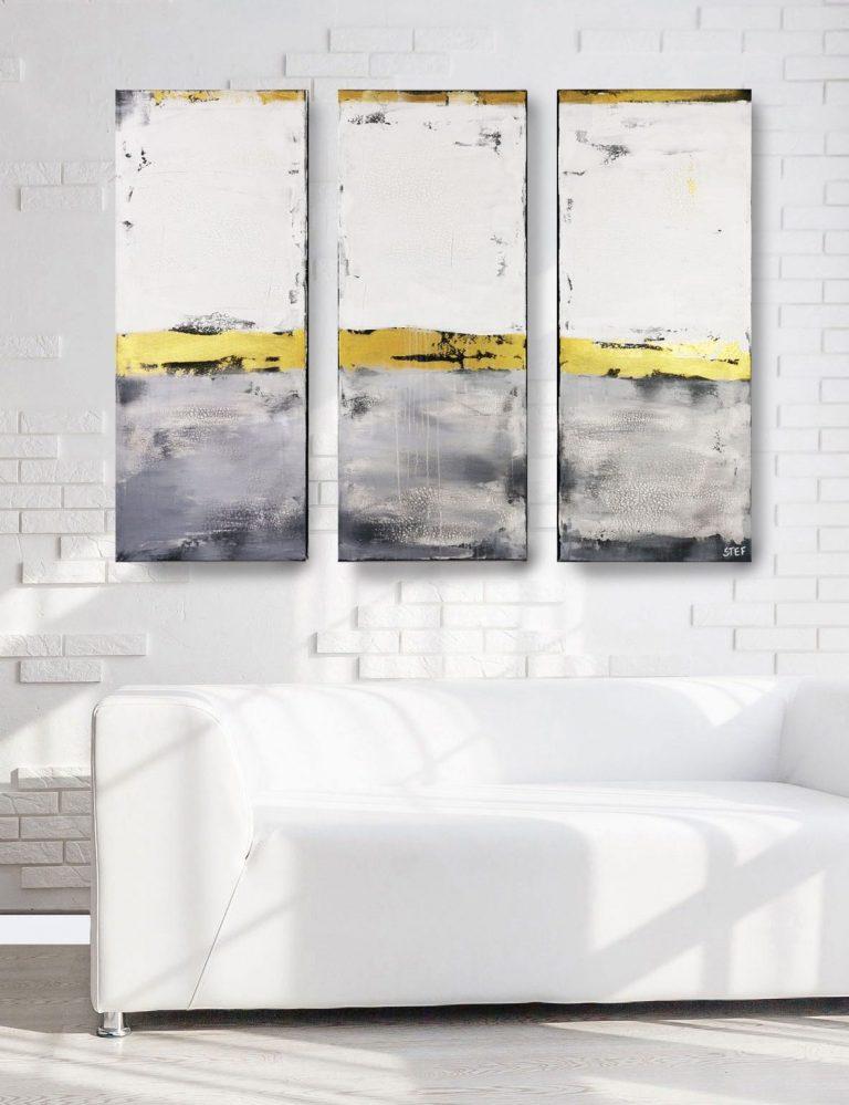 „Wege und Spuren #23 - Triptychon Strukturbild Gold Weiß